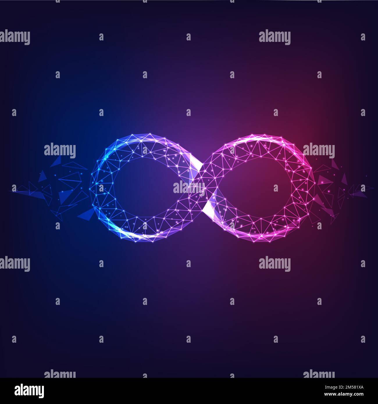 Futuristic glowing low polygonal purple to blue infinity symbol made of stars, lines, triangles ...