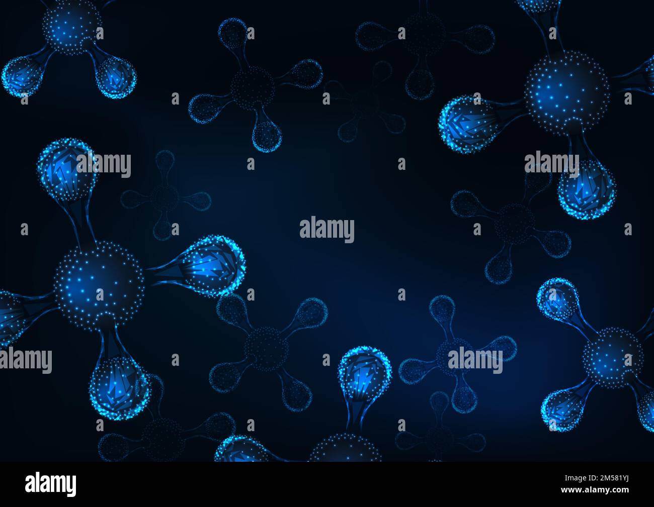 Futuristic 3d atoms, molecules scientific abstract background on dark blue. Glowing low ...