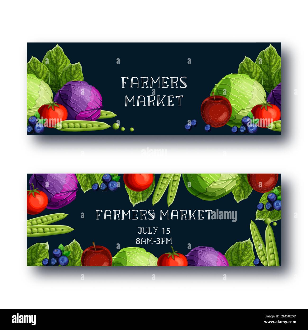 Farmers market banners set template with fresh vegetables and fruits ...