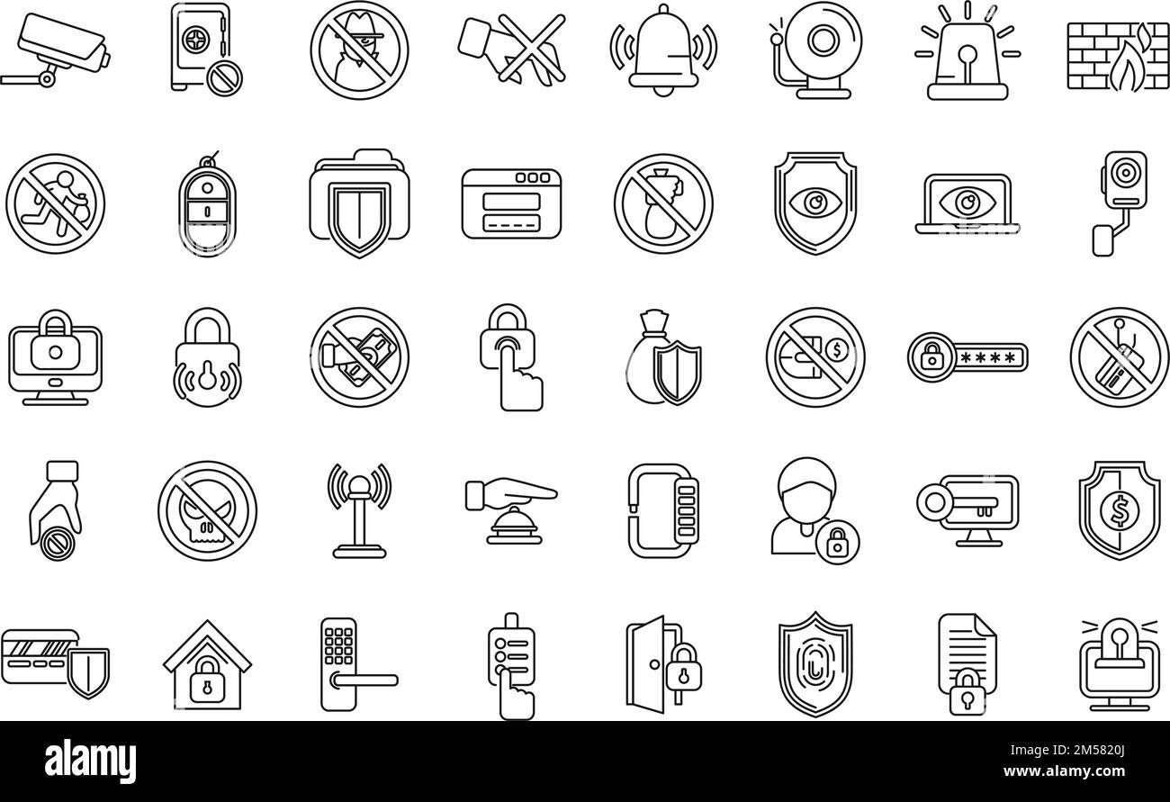 Stop theft icons set outline vector. Anti terrorist. Hacker attack ...