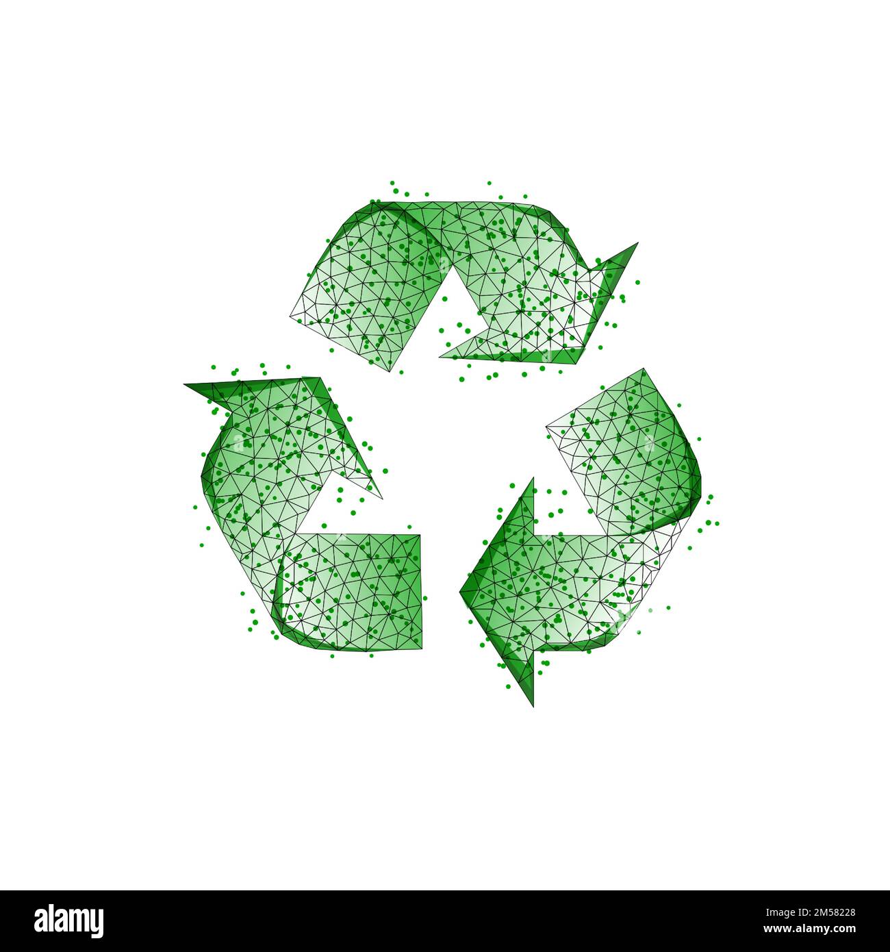Green recycle sign made of lines, dots, triangles, low polygonal shapes ...