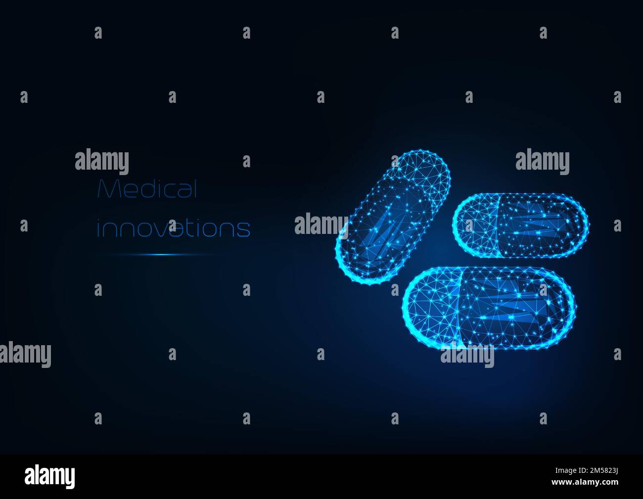 Futuristic glowing low polygonal drug capsules made of stars, lines ...