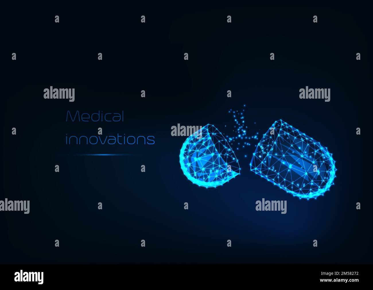 Glowing low polygonal open medicines capsule with powder drugs isolated ...