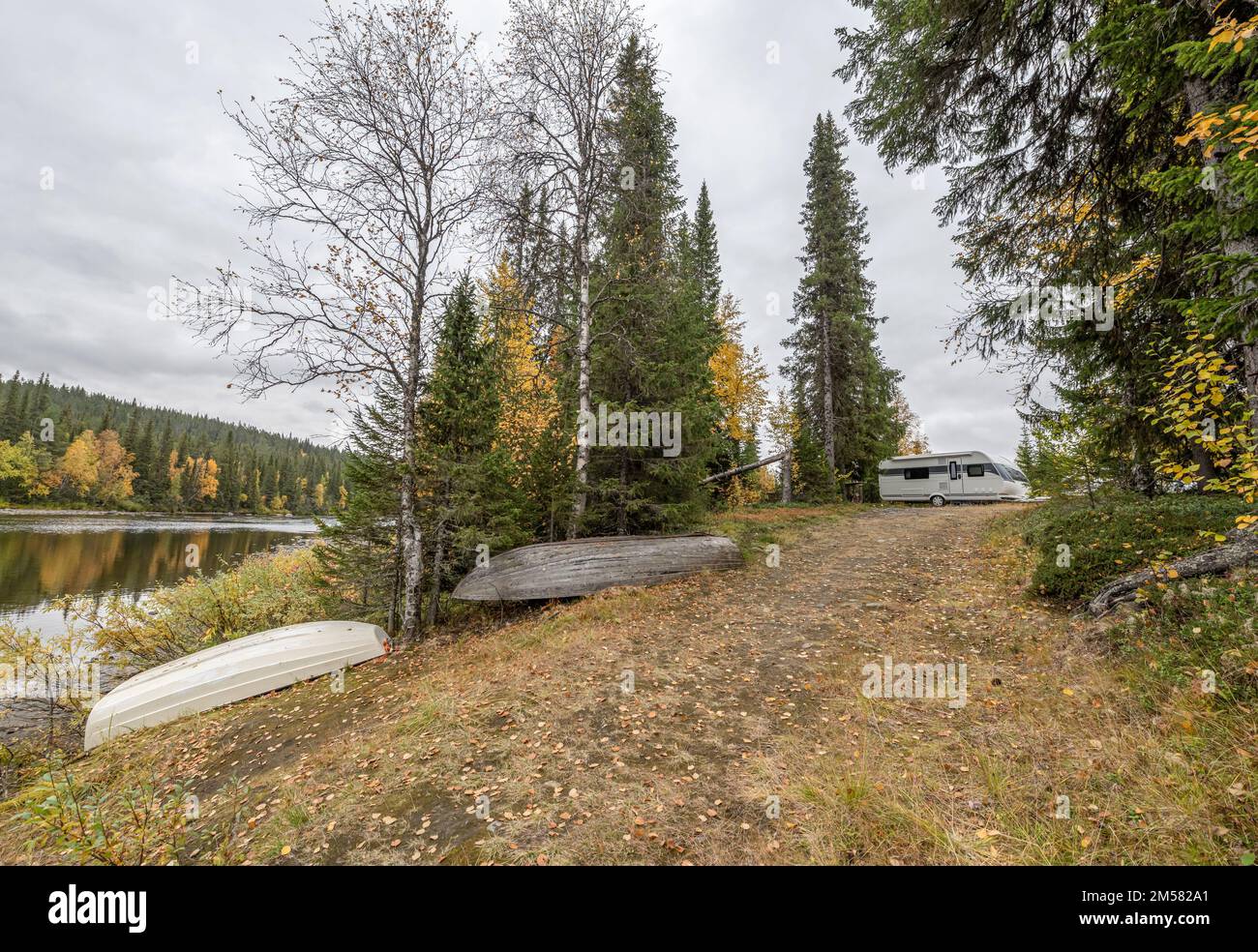 camping caravan near river flowing to lake Gautstraesk and surrouding ...