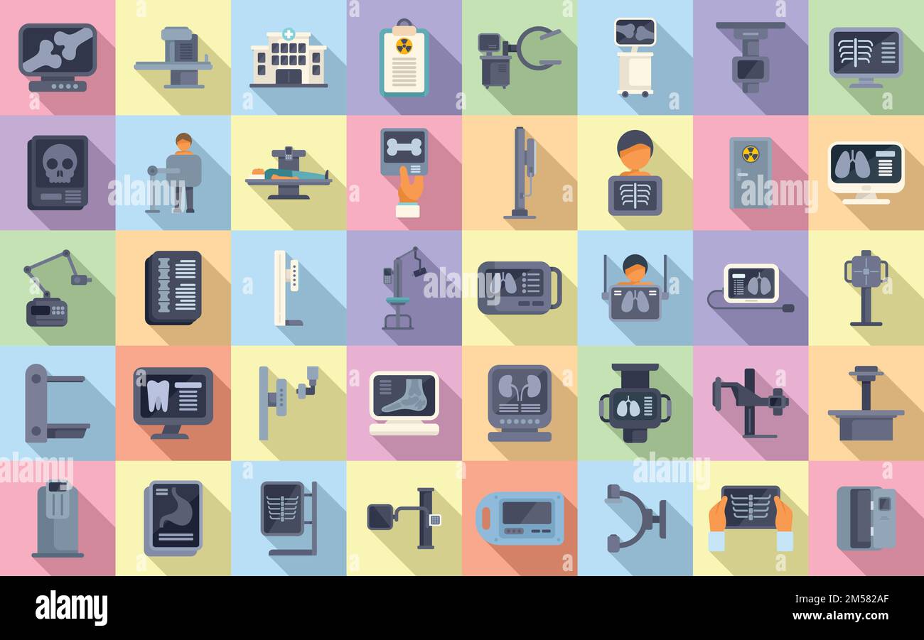 X-ray examination icons set flat vector. Hospital room. Medical ...