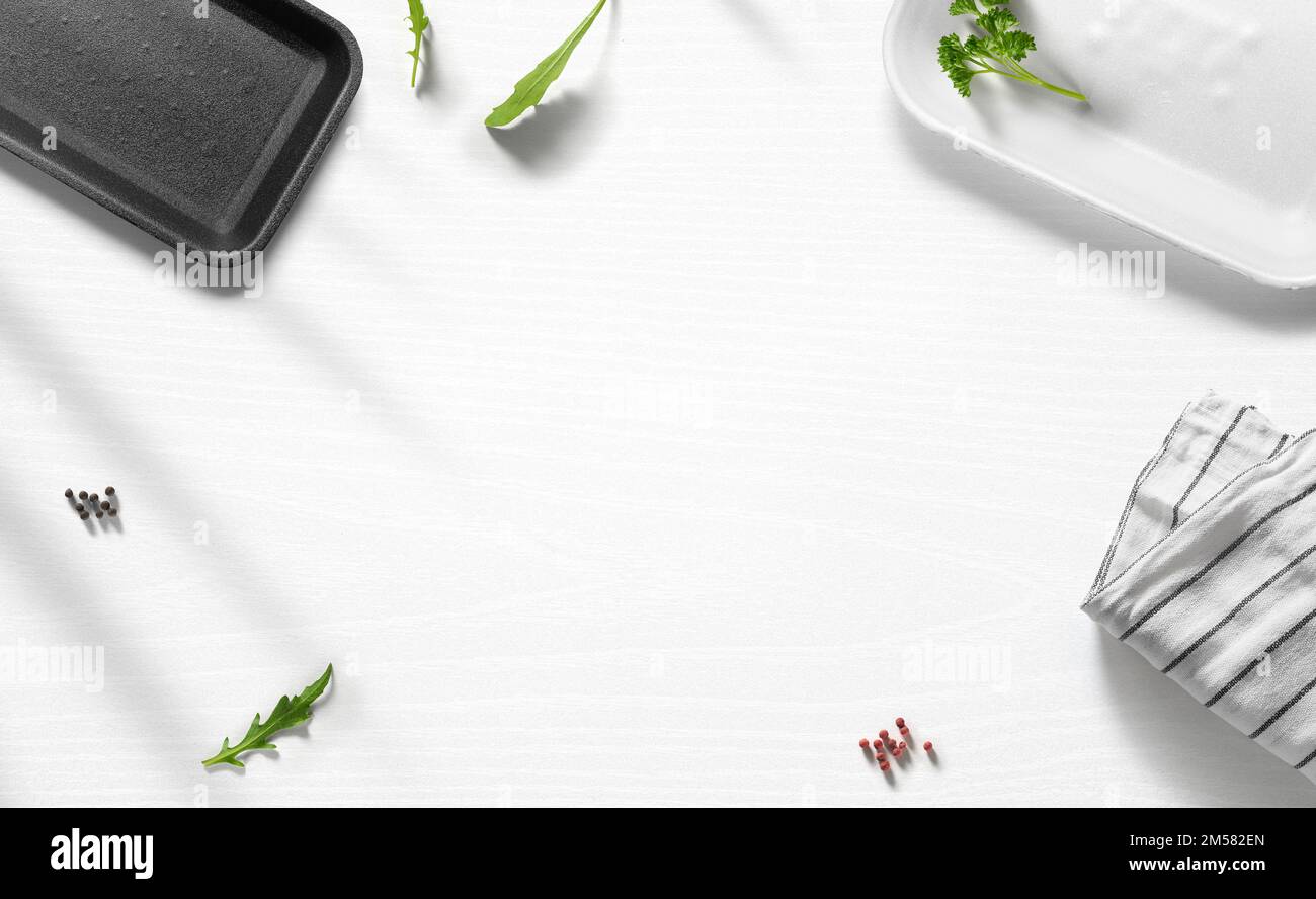 Flat lay of a kitchen or a butcher shop with various food items from ...