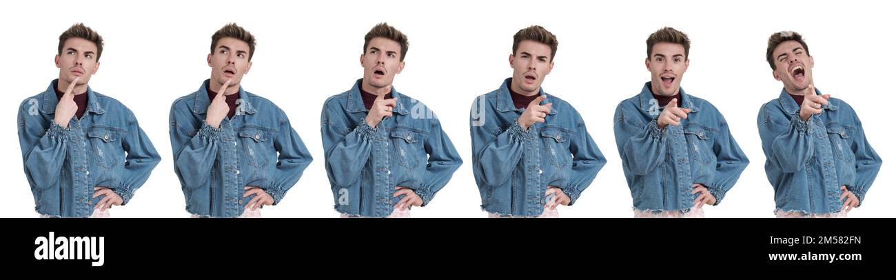 Serie of photos of young caucasian man remember something and laugh ...