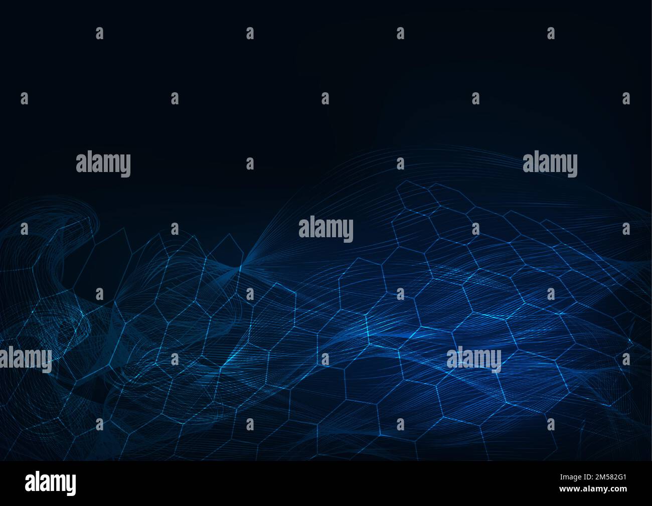 Futuristic glowing abstract dark blue background with honeycomb hexagons and wave lines and copy ...