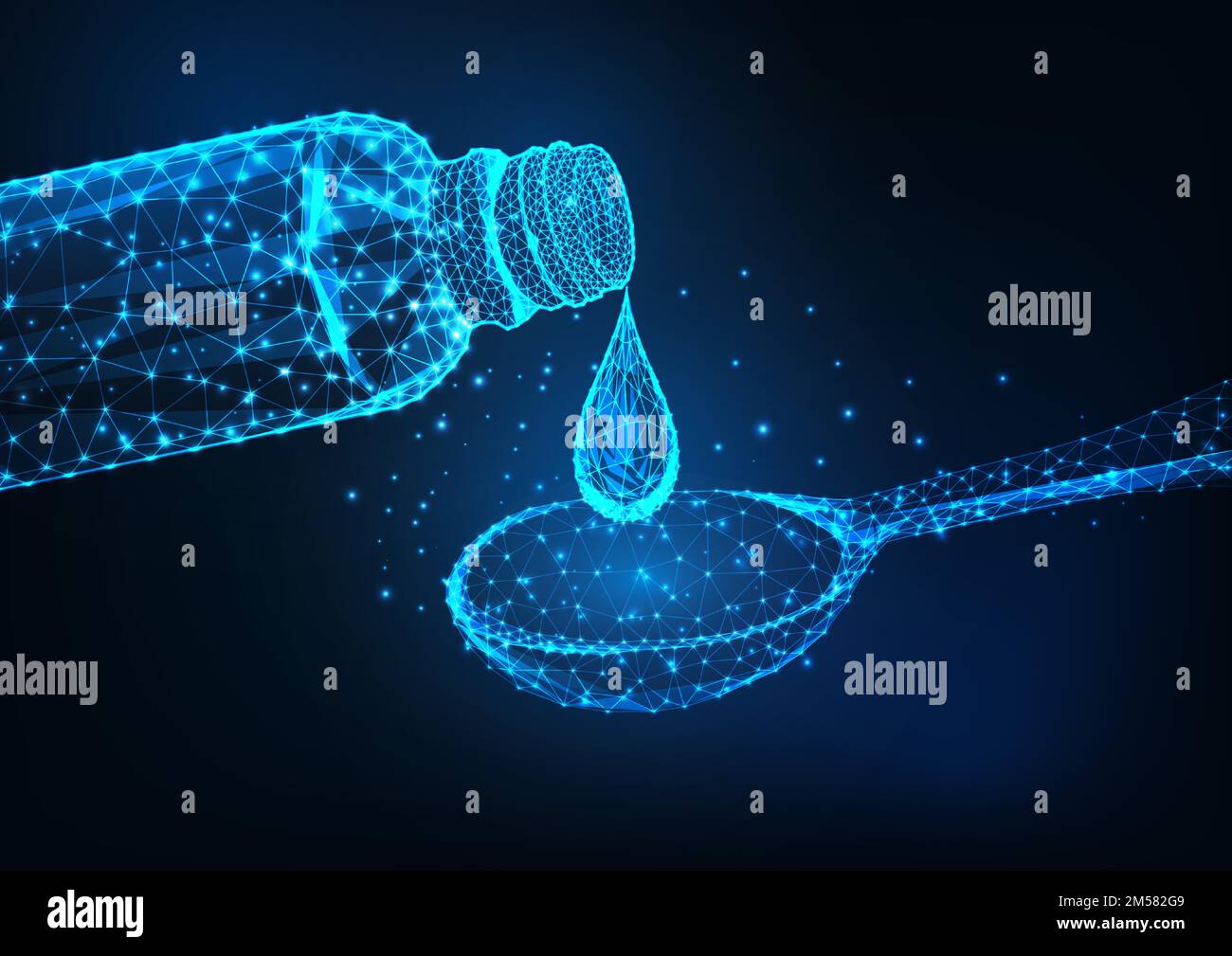 Futuristic glowing low polygonal medicine bottle, liquid drop and ...