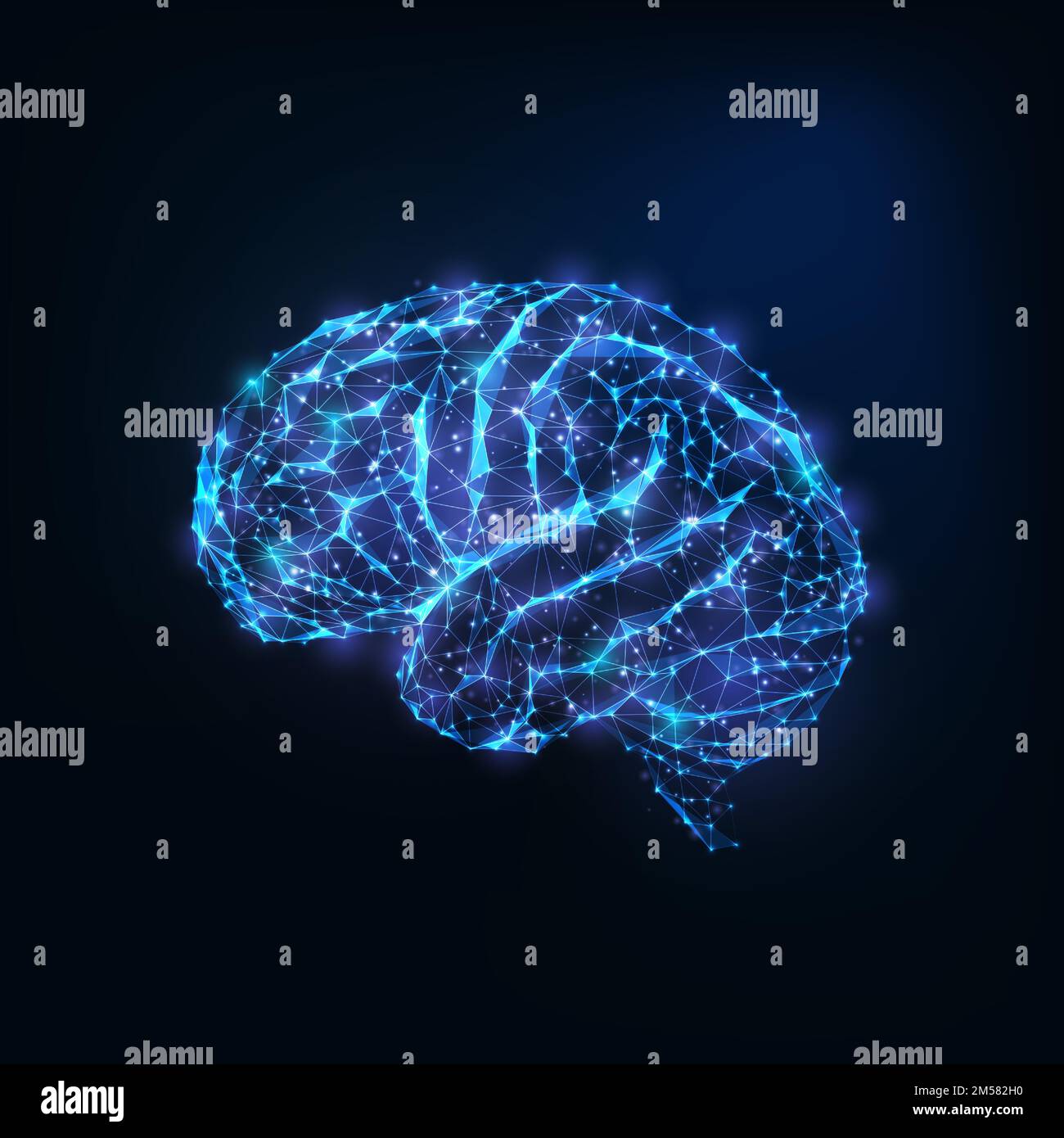 Futuristic glowing low polygonal brain made of connected lines, stars, dots, triangles isolated ...