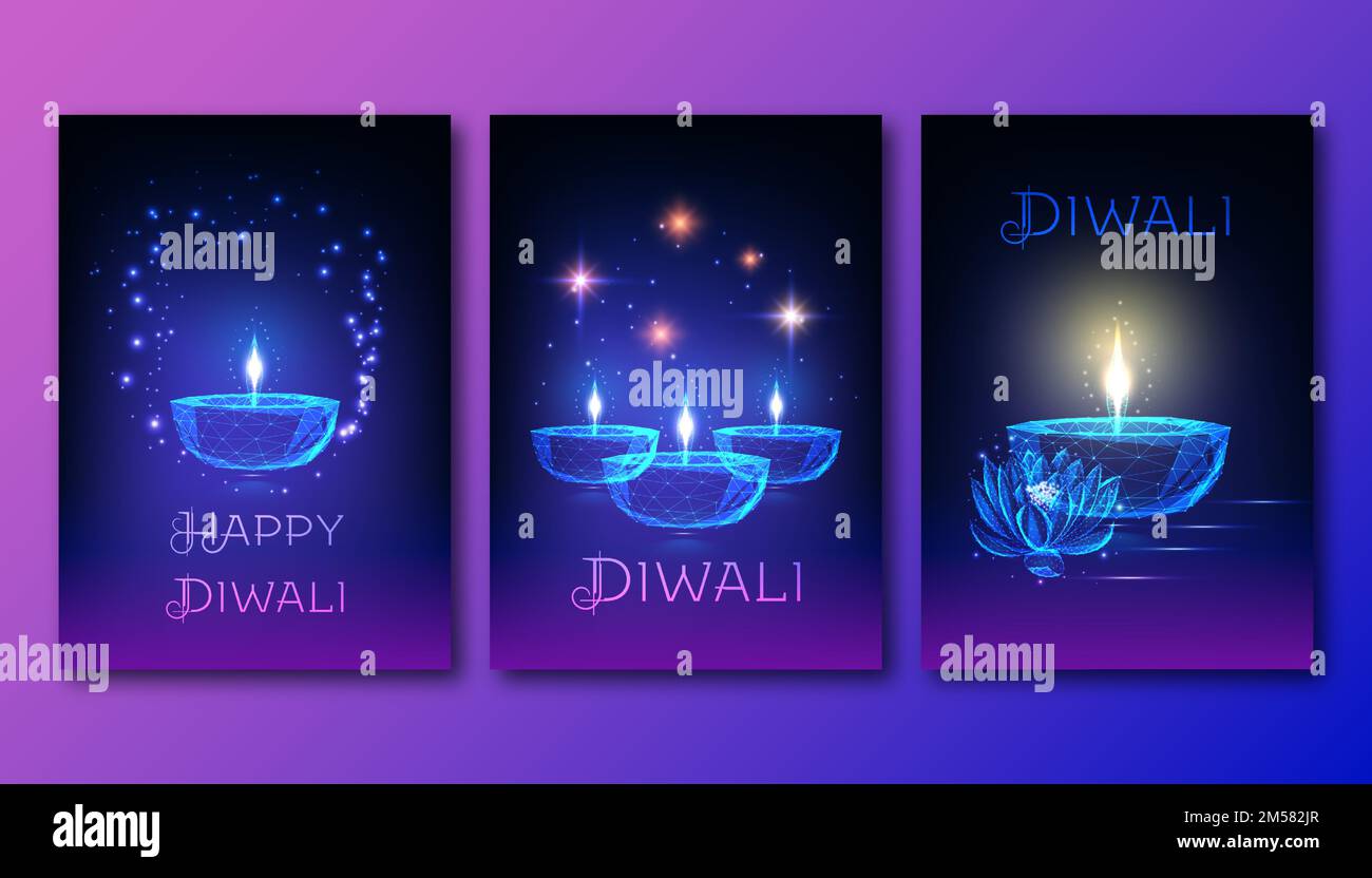 Happy diwali posters template set with futuristic glowing low polygonal ...