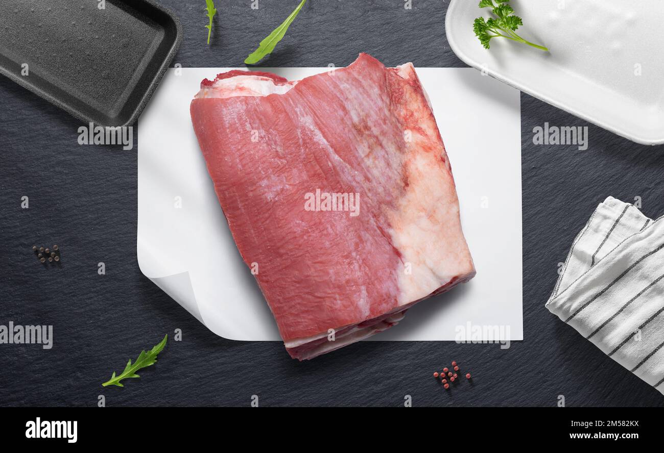 Cow ribs on a flat lay of a kitchen with various items from above Stock ...