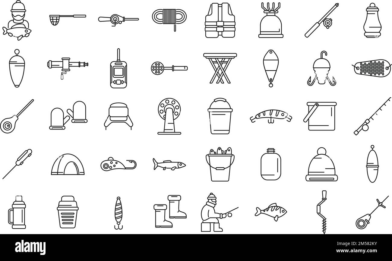 Ice fishing icons set outline vector. Winter frozen. Lake polar Stock ...