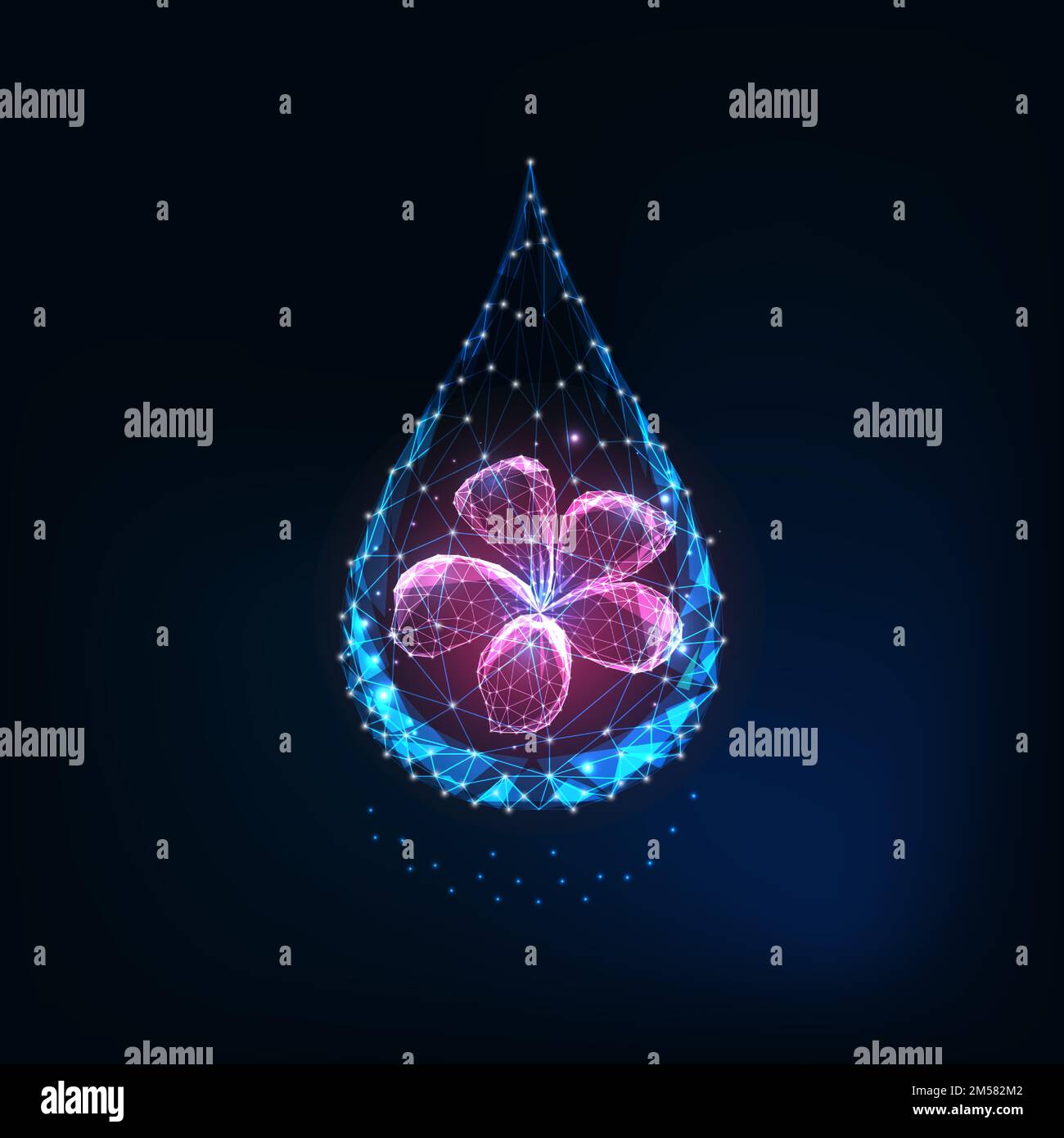 Futuristic glowing low polygonal water drop with abstract purple flower ...