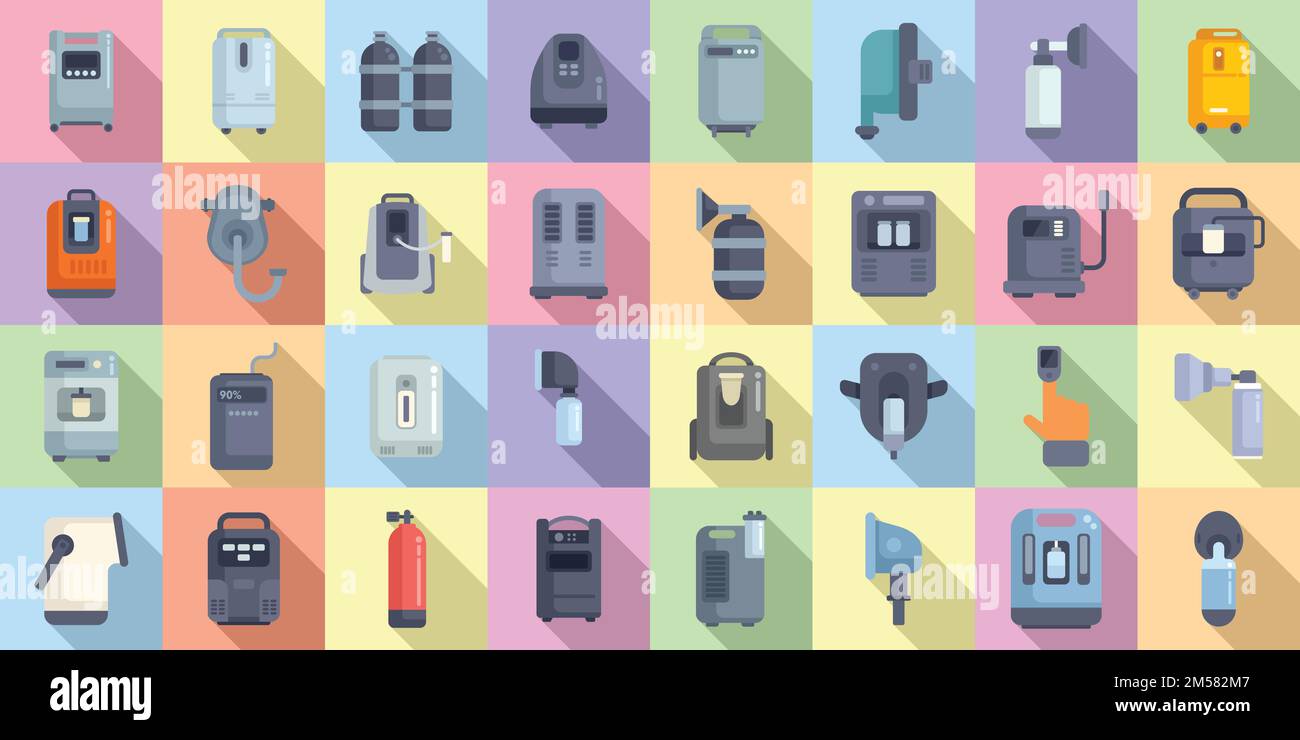 Medical oxygen concentrator icons set flat vector. Aid doctor. Air ...