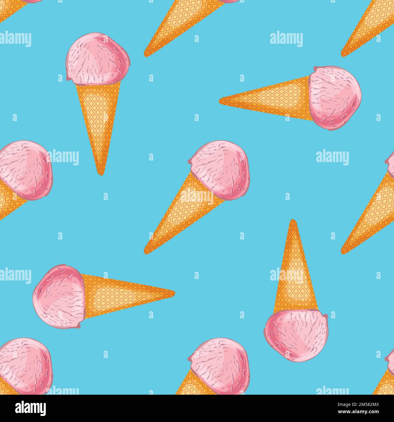 Dleicious pink cone ice cream seamless pattern on blue background ...