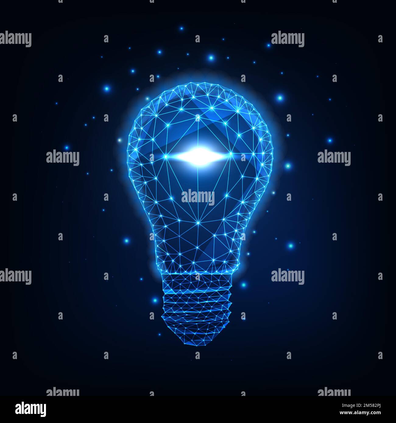 Futuristic glowing low polygonal light bulb made of lines, stars, dots ...
