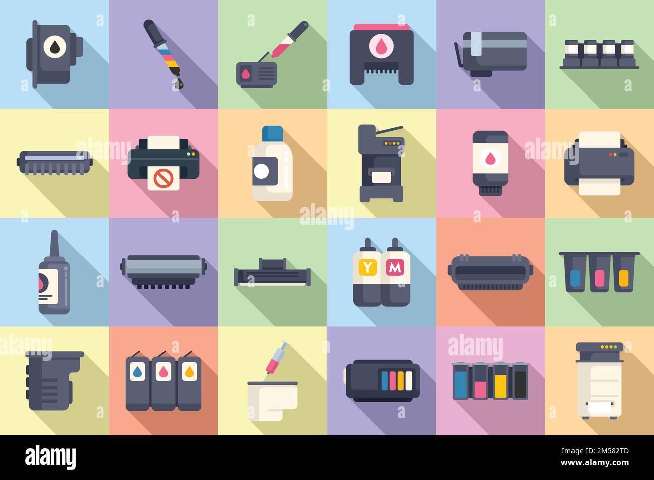 Cartridge filling icons set flat vector. Computer copier. Device ...