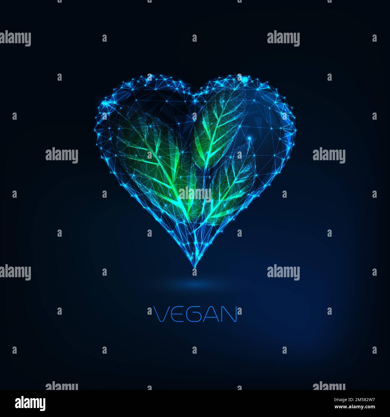 Futuristic glowing low polygonal heart with green leaves inside ...