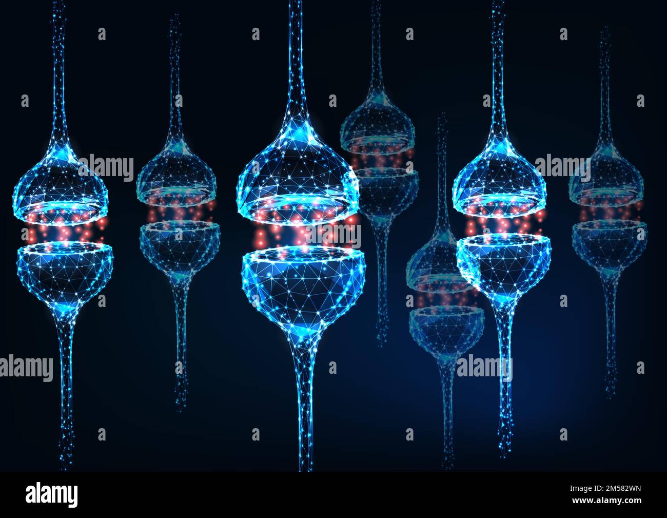 Futuristic glowing low polygonal neuron synapse on dark blue background. Human nervous system ...
