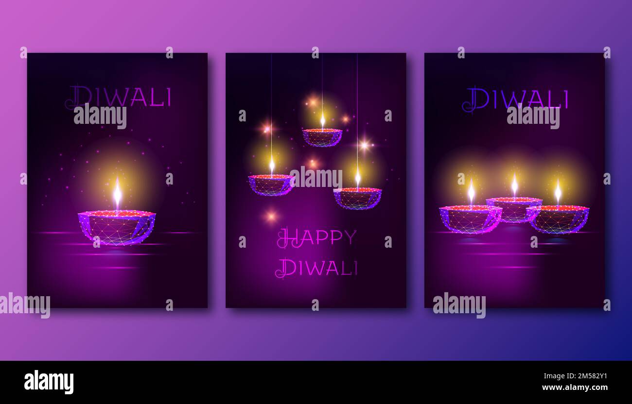 Happy diwali posters template set with futuristic glowing low polygonal ...
