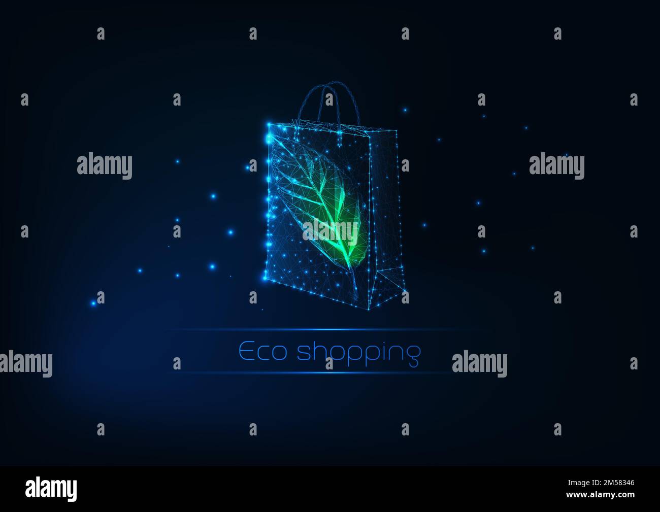 Futuristic glowing low polygonal paper shopping bag with green leaf ...