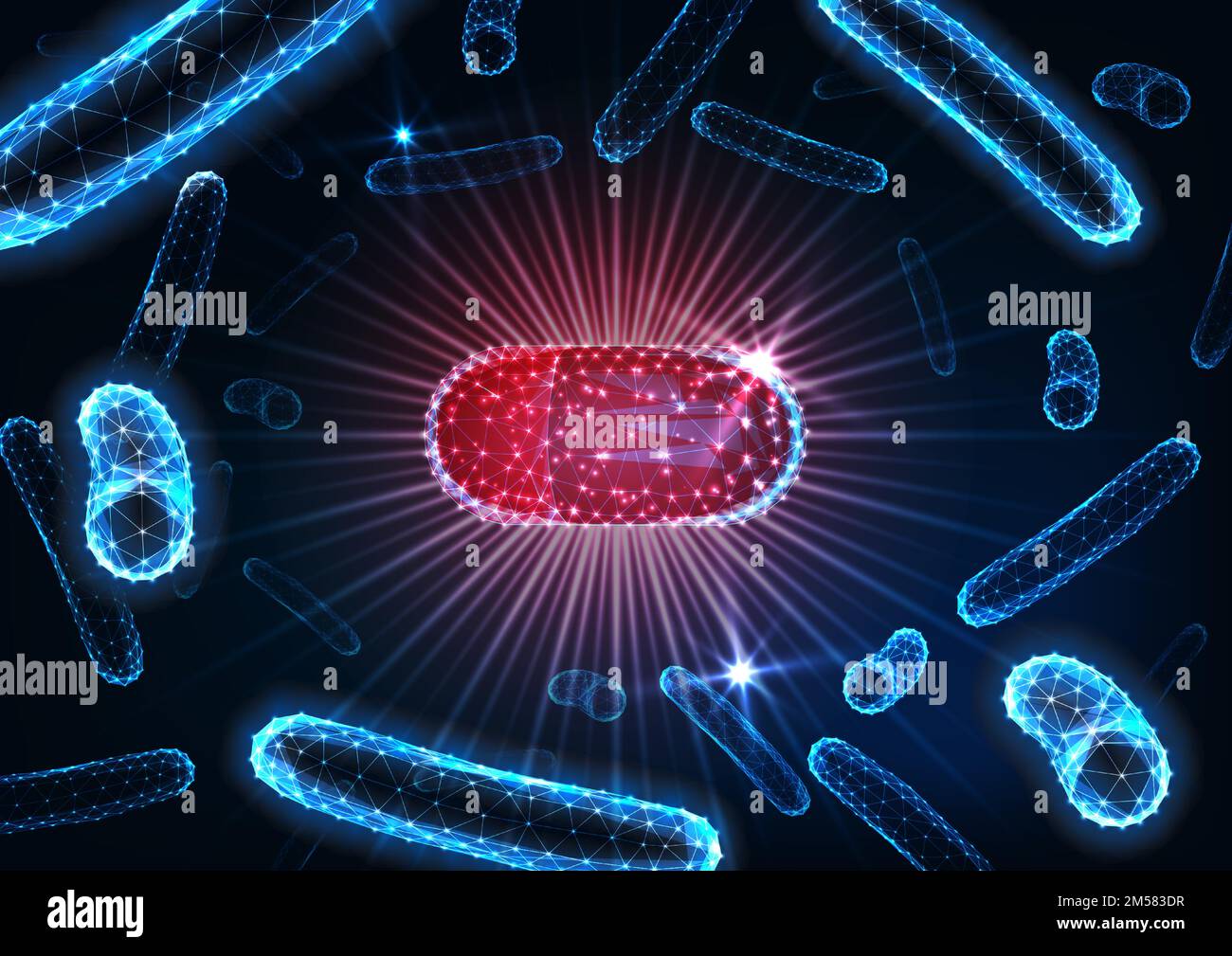 Antibiotics pills in bacteria medium concept. Futuristic glowing low ...