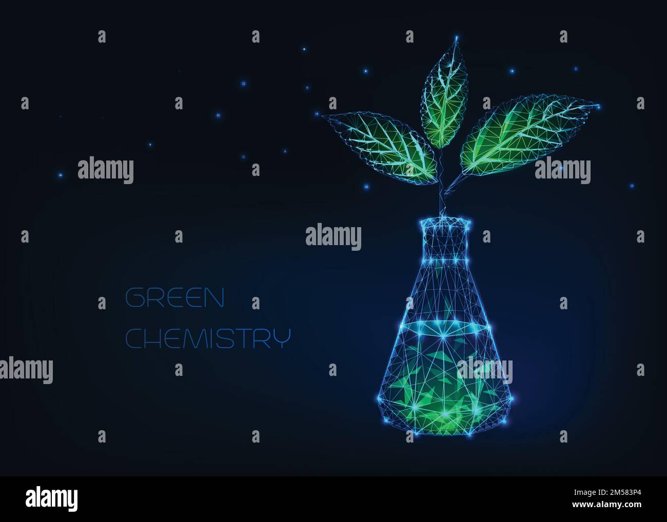 Green chemistry concept with glowing chemical beaker and plant with ...
