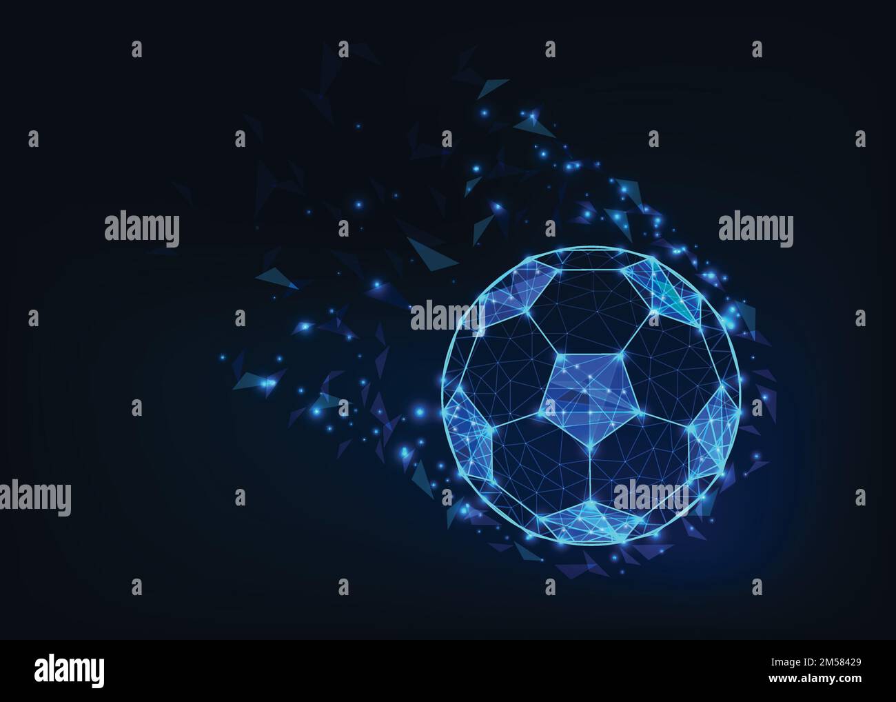 Soccer ball in action made of dots and lines, shiny stars and geometric ...