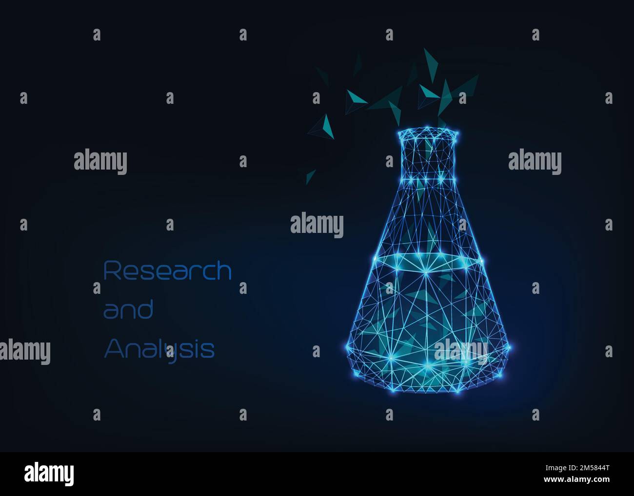 Scientific background with low poly wireframe beaker, test tube and ...