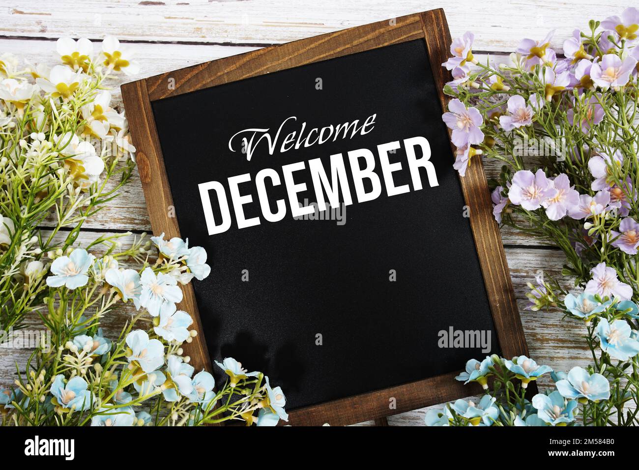 Welcome December text message with flower decoration on wooden ...