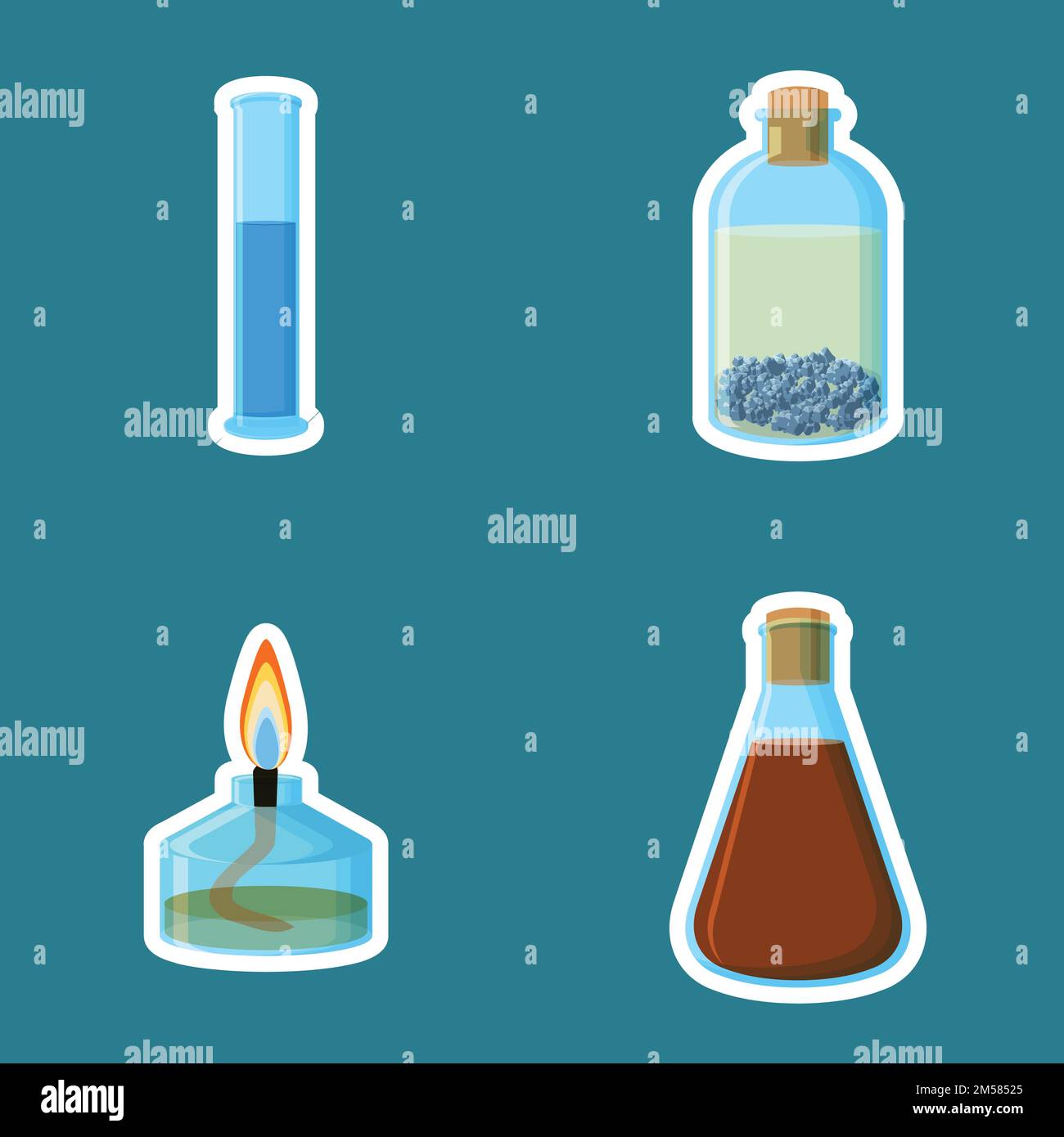 Chemical equipment stickers isolated on blue background. Cylinder with ...