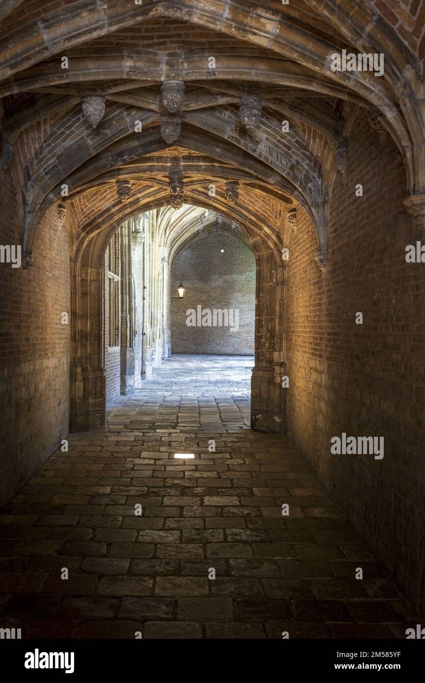 A vertical of the arched corridor of an old architectural building with ...