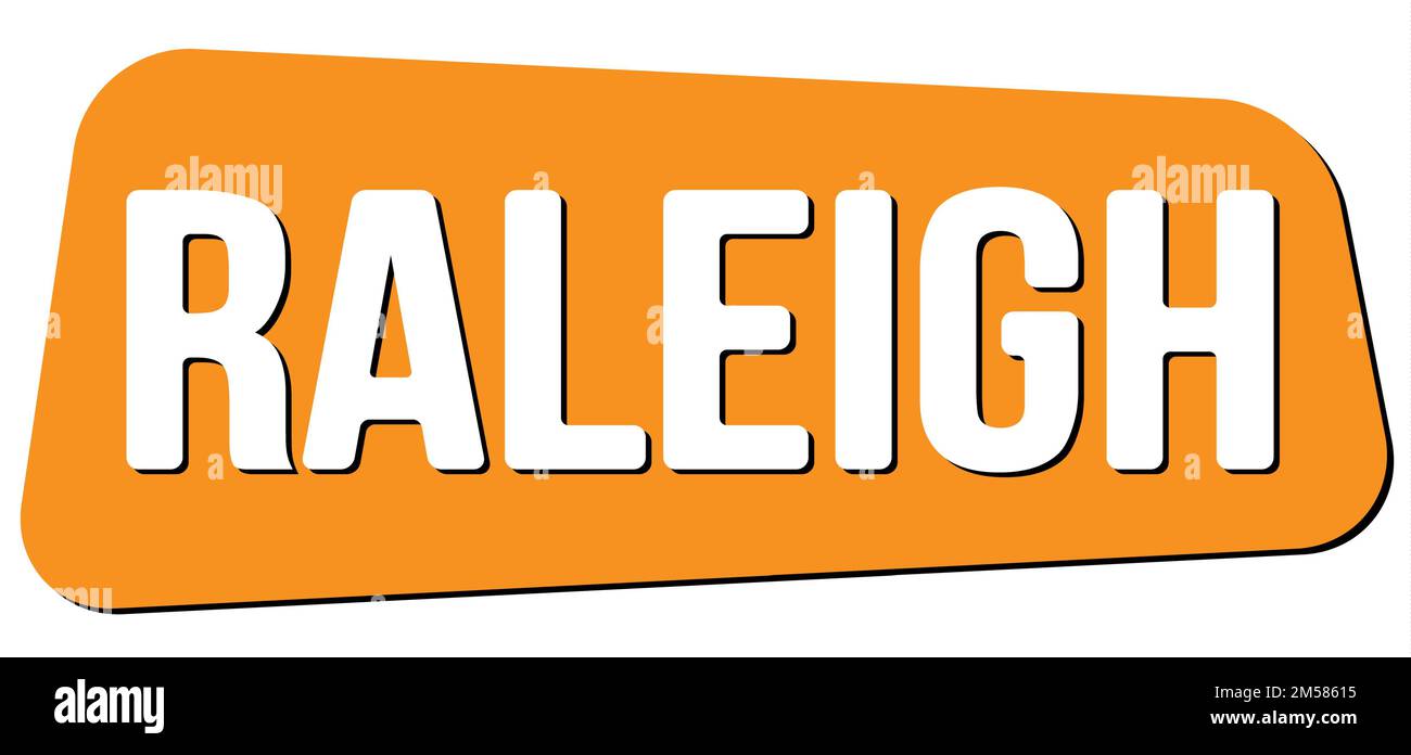RALEIGH text written on orange trapeze stamp sign Stock Photo - Alamy