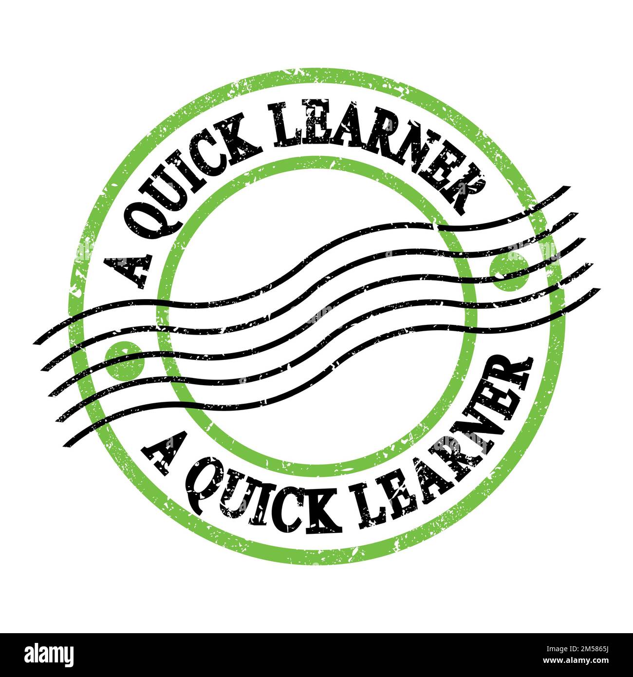 A QUICK LEARNER, text written on green-black grungy postal stamp Stock ...