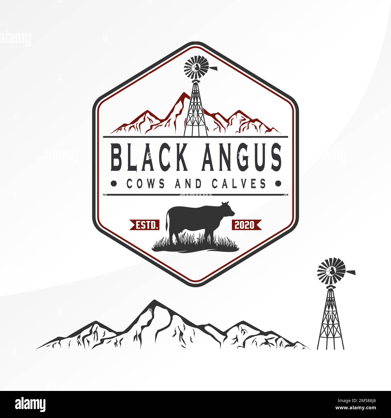 Simple and unique mountain, windmill, cow, and grass graphic icon logo design abstract concept ...