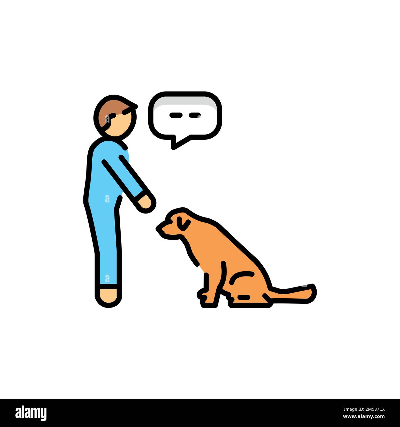 Cute character commands golden retriever color line icon. Dog training ...