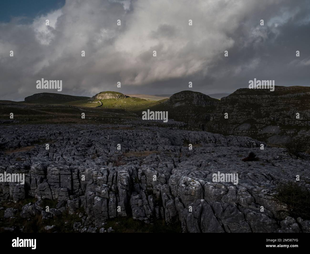 Aerial views of Limestone Pavement near Malham with Comb Hill and Dean ...