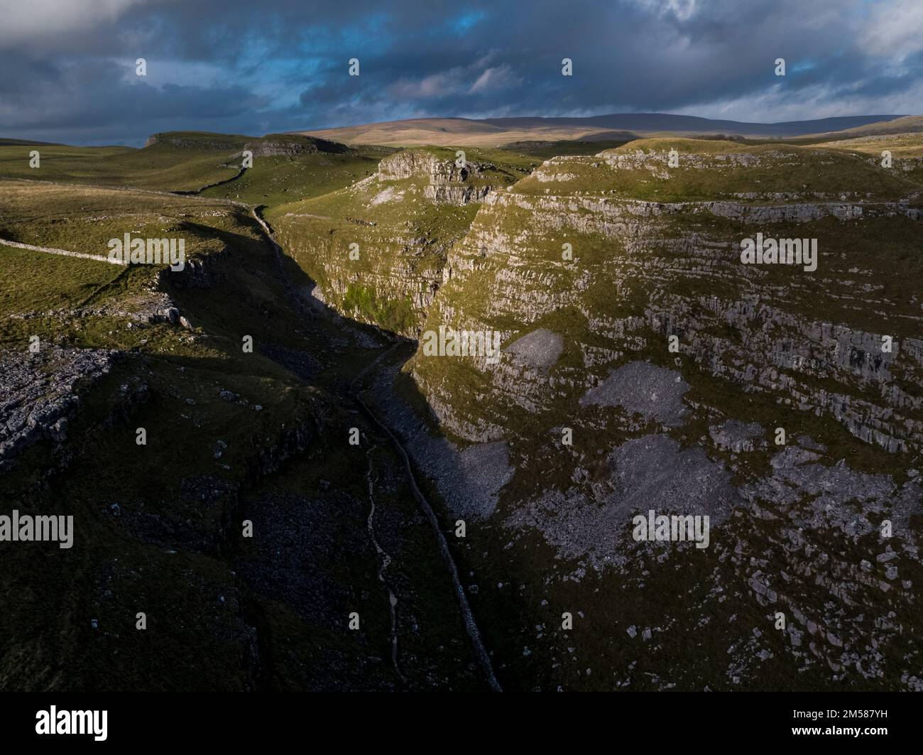 Aerial views of Limestone Pavement near Malham with Comb Hill and Dean ...