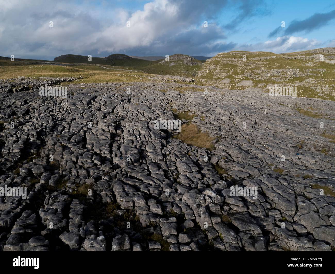 Aerial views of Limestone Pavement near Malham with Comb Hill and Dean ...