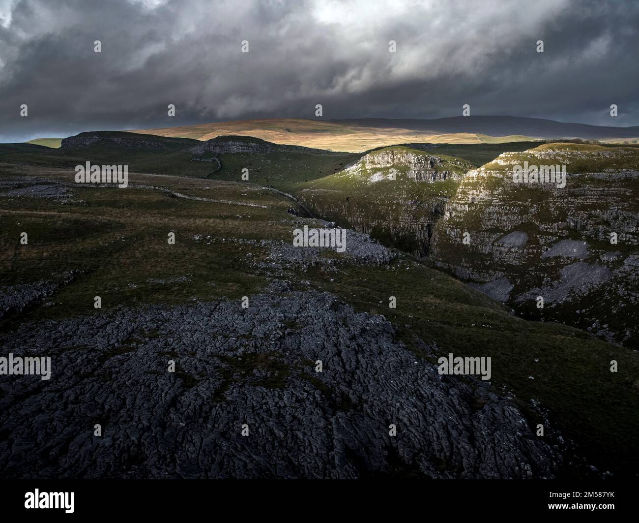 Aerial views of Limestone Pavement near Malham with Comb Hill and Dean ...