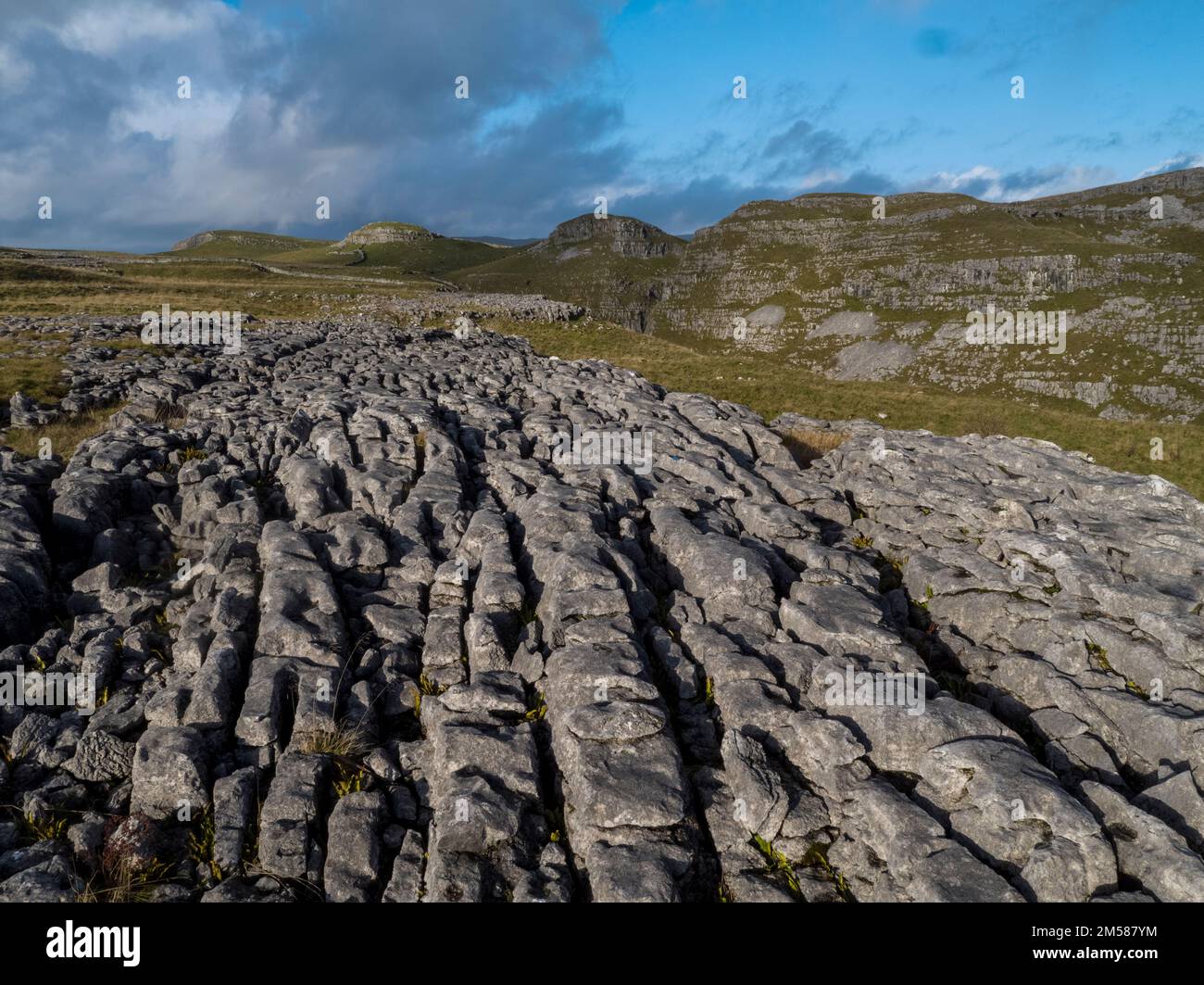 Aerial views of Limestone Pavement near Malham with Comb Hill and Dean ...