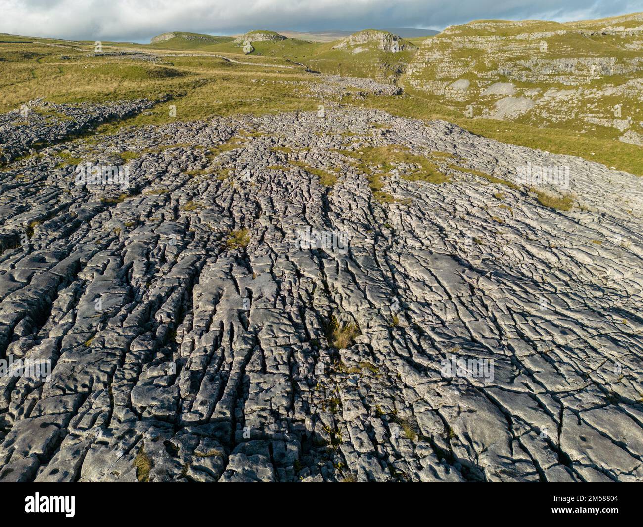 Aerial views of Limestone Pavement near Malham with Comb Hill and Dean ...