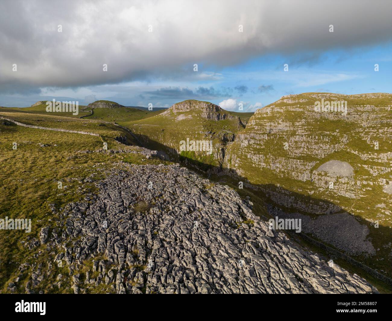 Aerial views of Limestone Pavement near Malham with Comb Hill and Dean ...