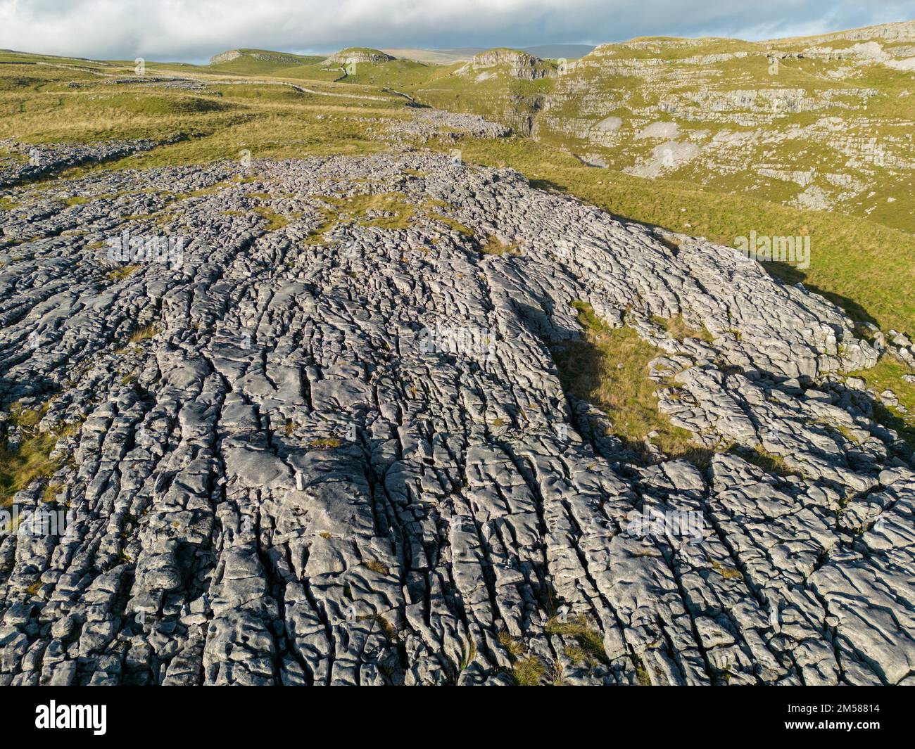 Aerial views of Limestone Pavement near Malham with Comb Hill and Dean ...