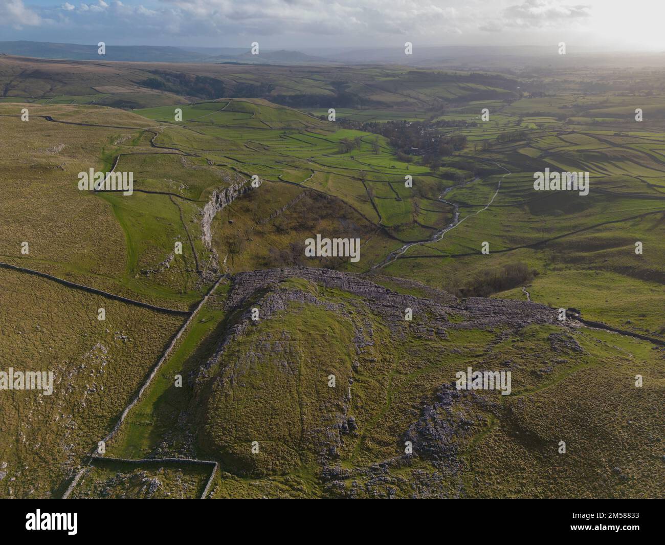 Aerial view of the Limestone pavement on top of Malham Cove Stock Photo ...