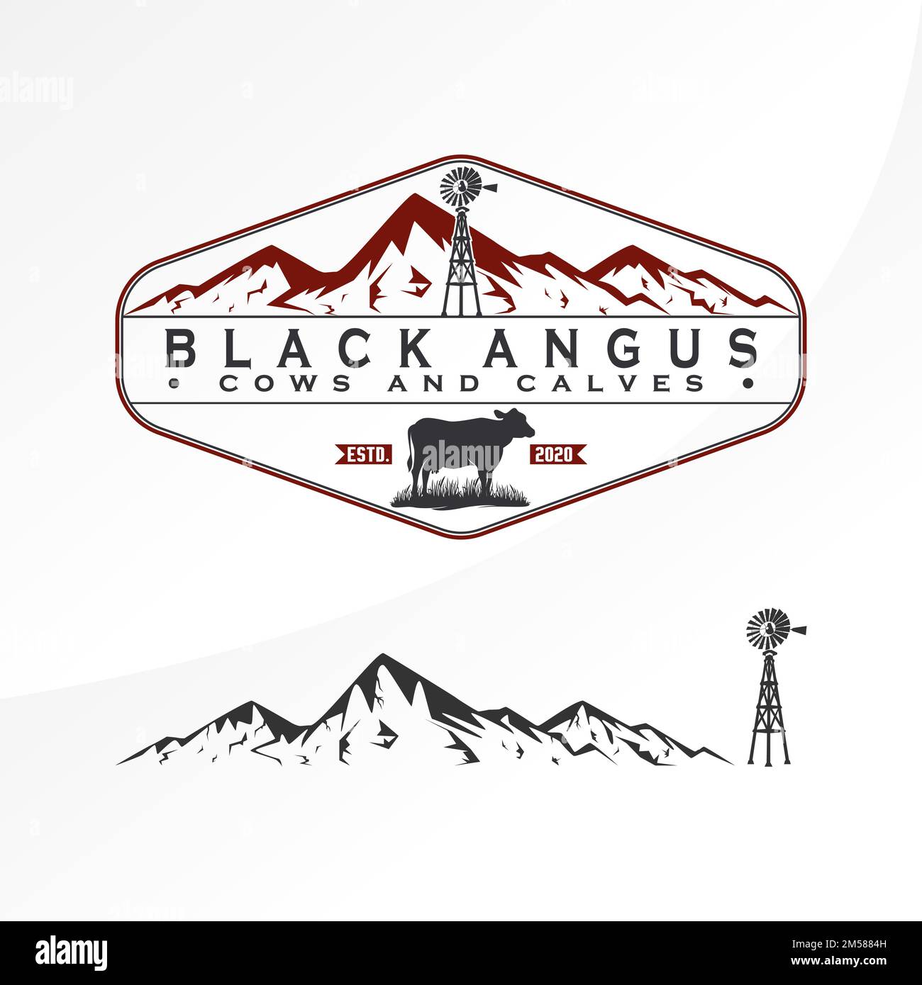 Simple and unique mountain, windmill, cow, and grass graphic icon logo design abstract concept ...