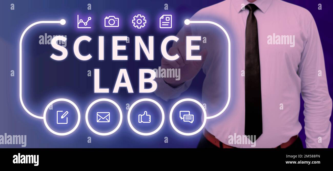 Hand writing sign Science Lab. Business concept special facility where ...