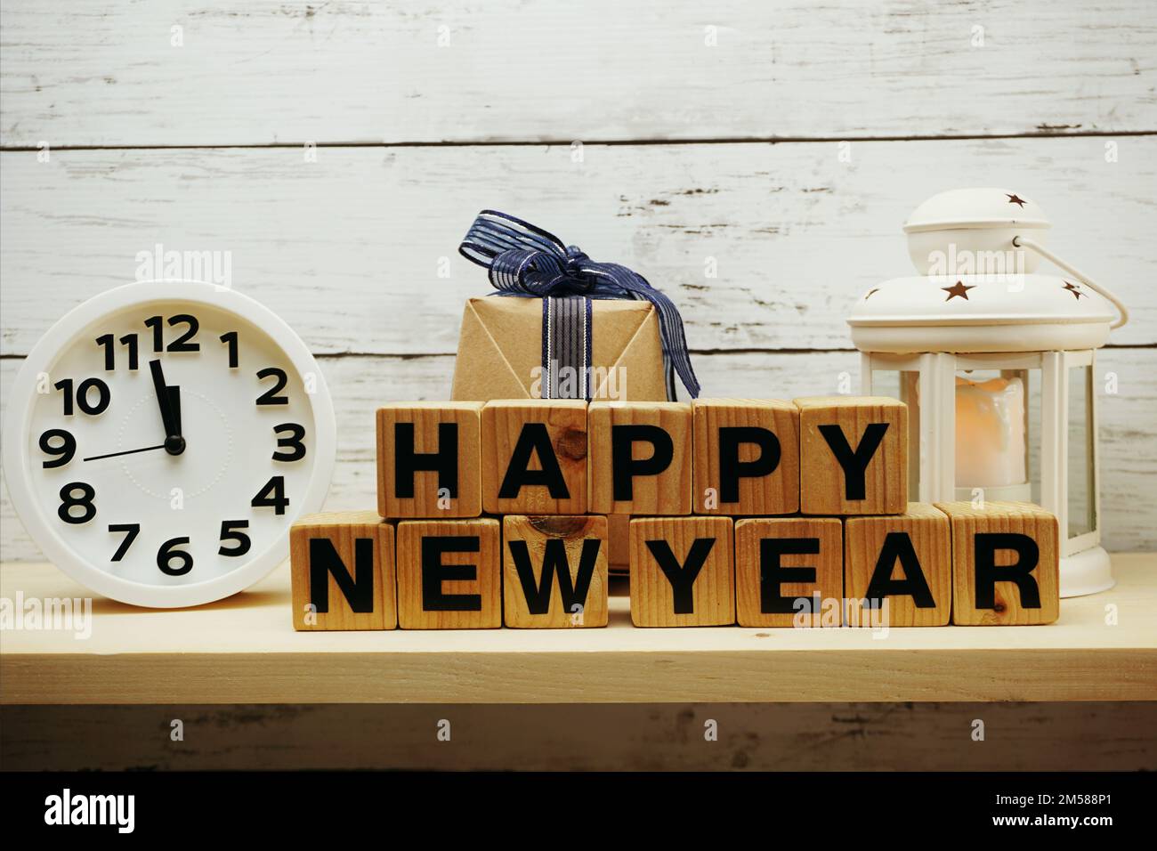 hapy new year alphabet letters on wooden background Stock Photo - Alamy