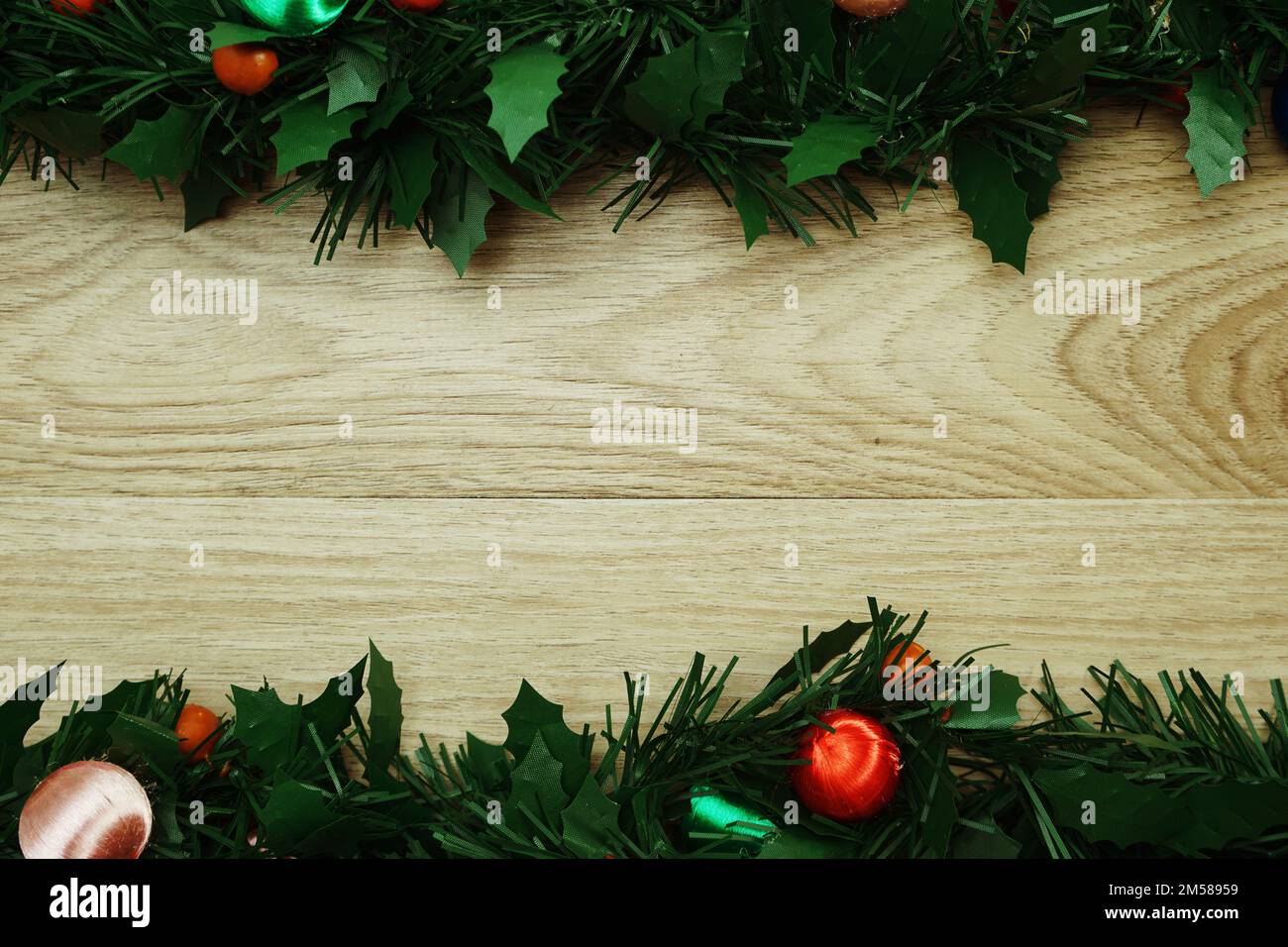Green fir Christmas background with space copy on wooden background ...
